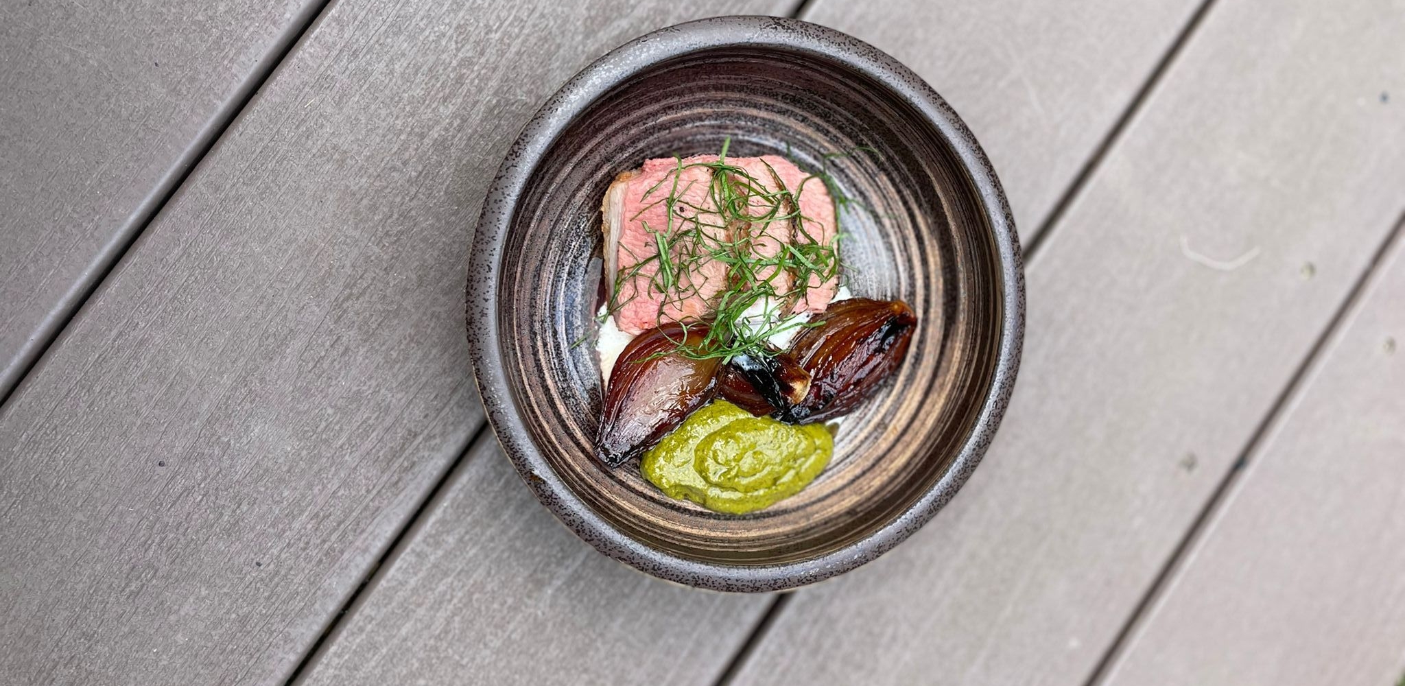 BBQ Goat Loin With Smoked Goat’s Curd, Wild Garlic Pesto & Roasted Red ...